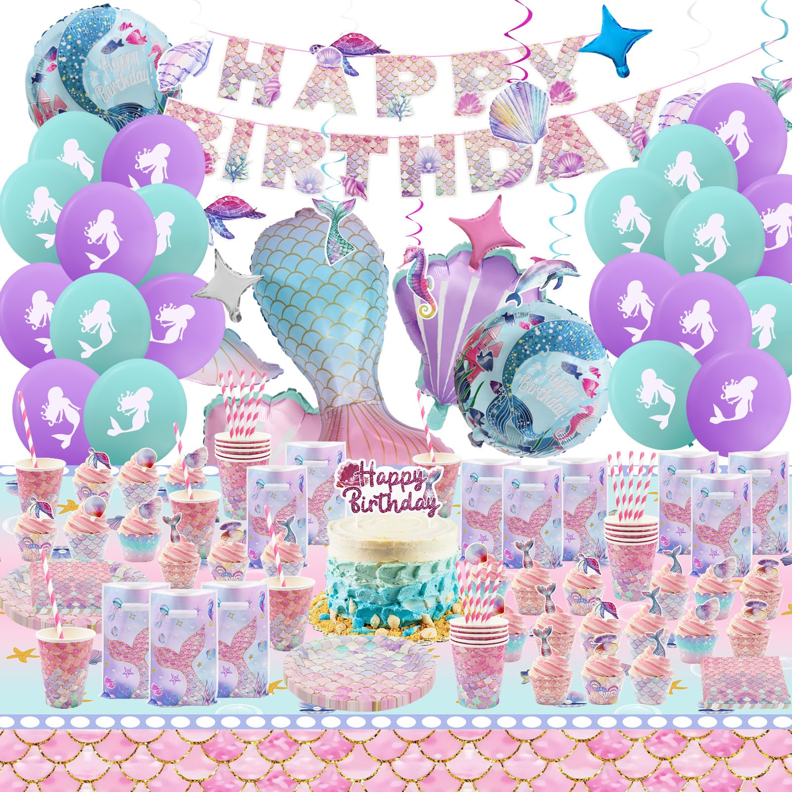 192pcs Mermaid Birthday Party Decorations, Happy Birthday Little Mermaid Theme Party Supplies Including Balloons Banner Tablecloth Plates Cups Napkins Cake Topper Gift Bag for Girls Kids Serve 20