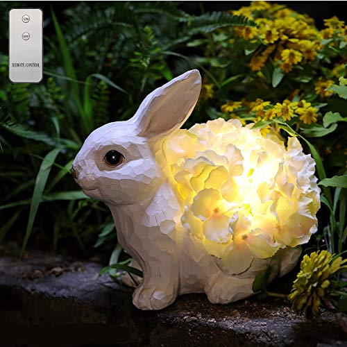 HDNICEZM Garden Statue Cute Rabbit Figurine with Flower Lights Warm White LED -Battery Powered Remote Control Rabbit Statue Night Light Home Garden for Backyard Pathway Patio