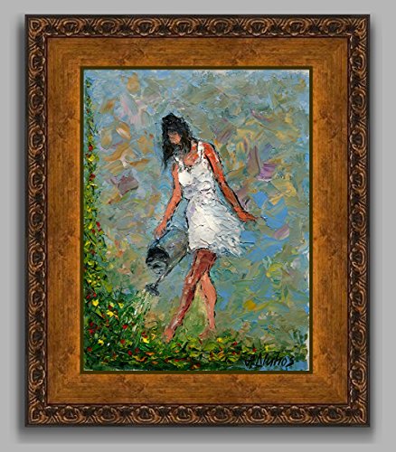 (SOLD) Finally Summer - girl watering her flowers by internationally renown painter Andre Dluhos
