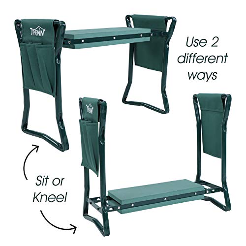 7Penn Garden Stool - 2 in 1 Garden Kneeler and Garden Work Seat Green Foldable Stool with Pouches and Cushioned Seat
