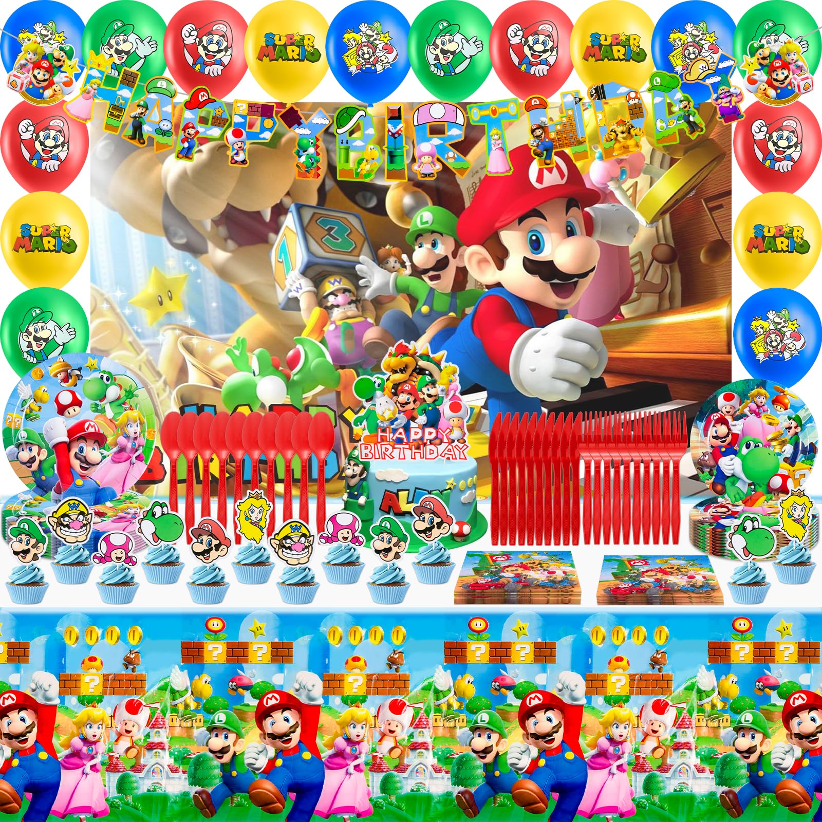 104 PCS Marrio Birthday Party Supplies, Cute Marrio Birthday Party Decorations with Marrio Birthday Plates, Birthday Banner, Balloons, Knives, Forks, Spoons, Napkins, Backdrop, Tablecloth, Cake Topper