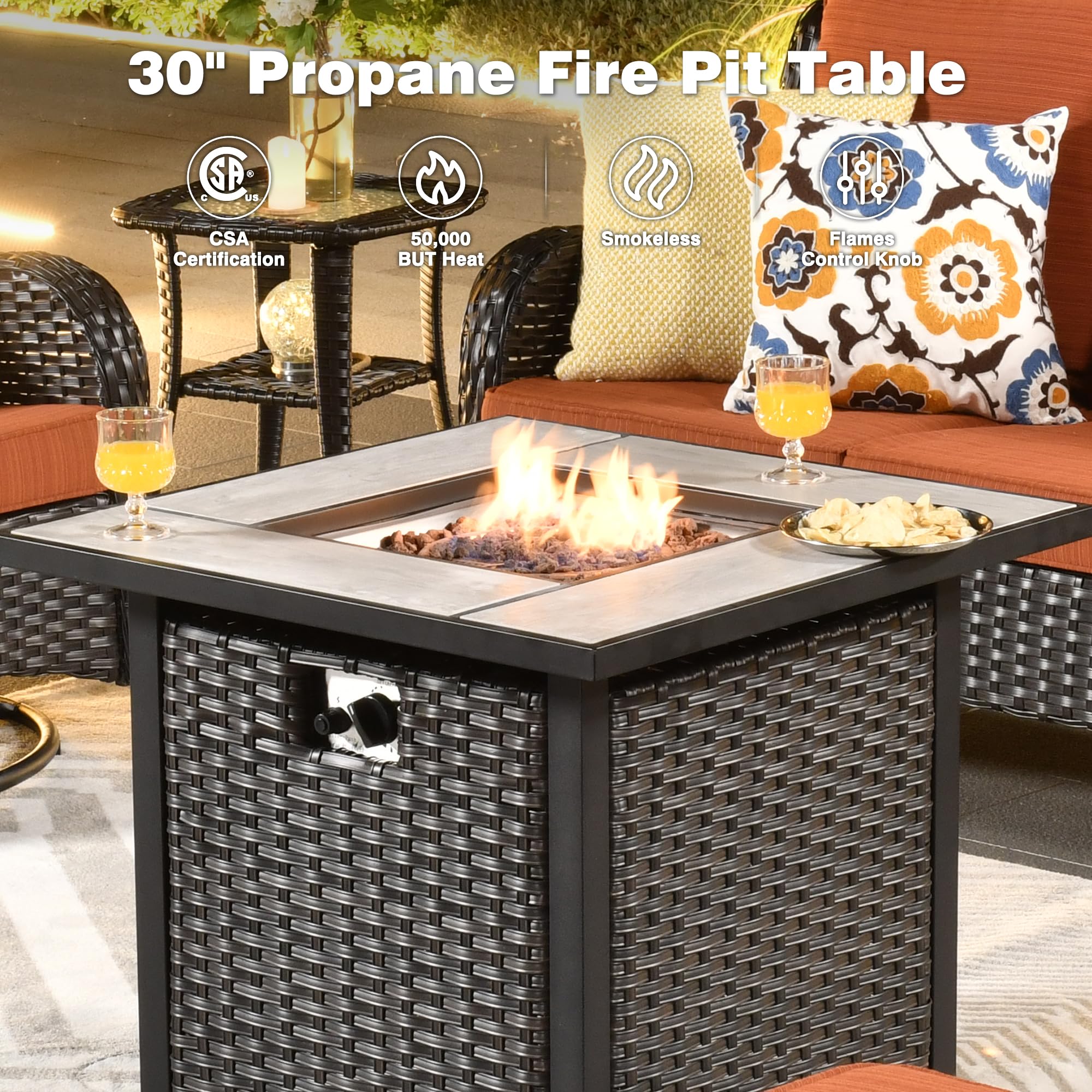 ovios 6 Pieces Patio Furniture Set with 30" Fire Pit Table, Outdoor Wicker Sofa with Ottomans, Comfy Cushions, High Back Couch Conversation Set, Brown Rattan, Orange Red