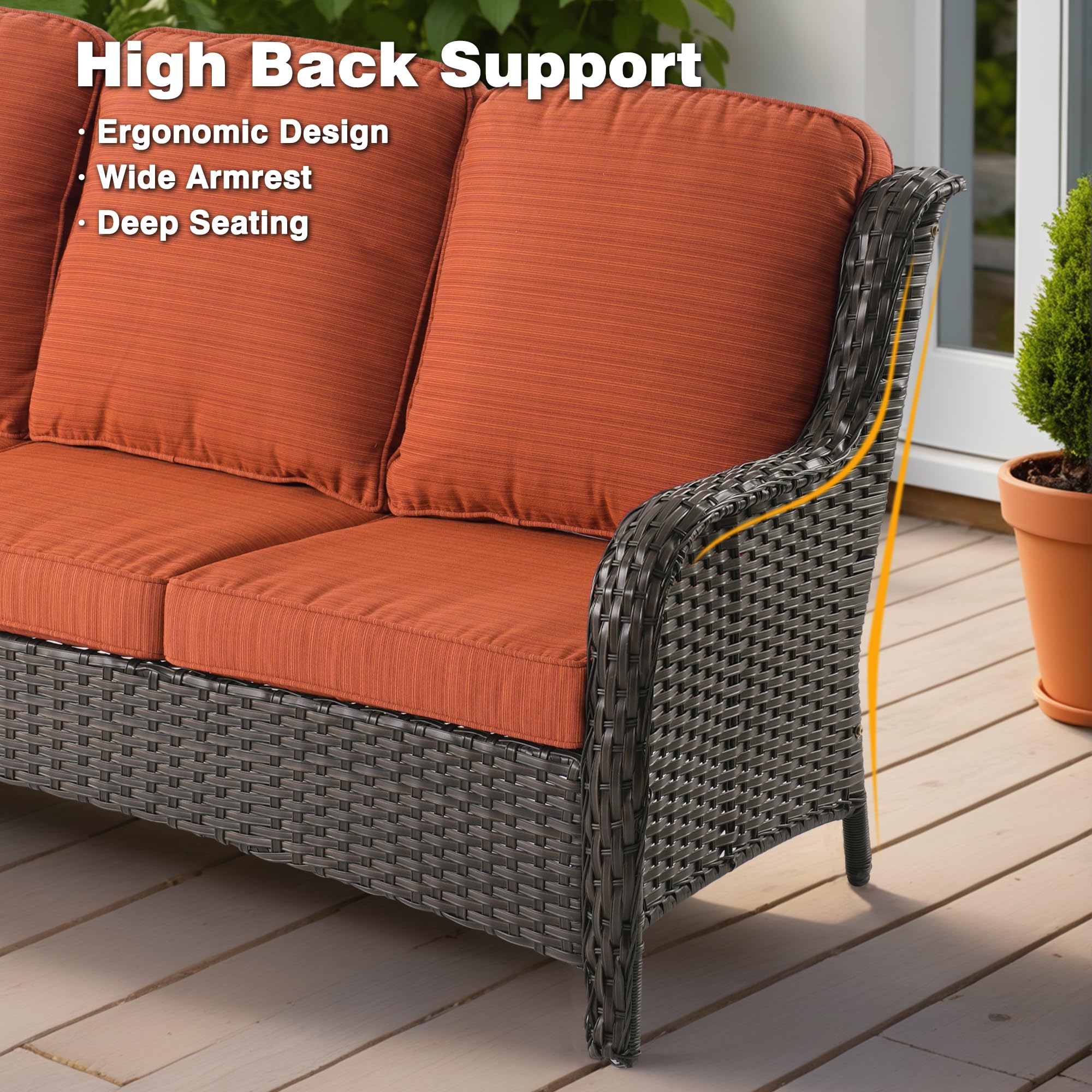 ovios 6 Pieces Patio Furniture Set with 30" Fire Pit Table, Outdoor Wicker Sofa with Ottomans, Comfy Cushions, High Back Couch Conversation Set, Brown Rattan, Orange Red
