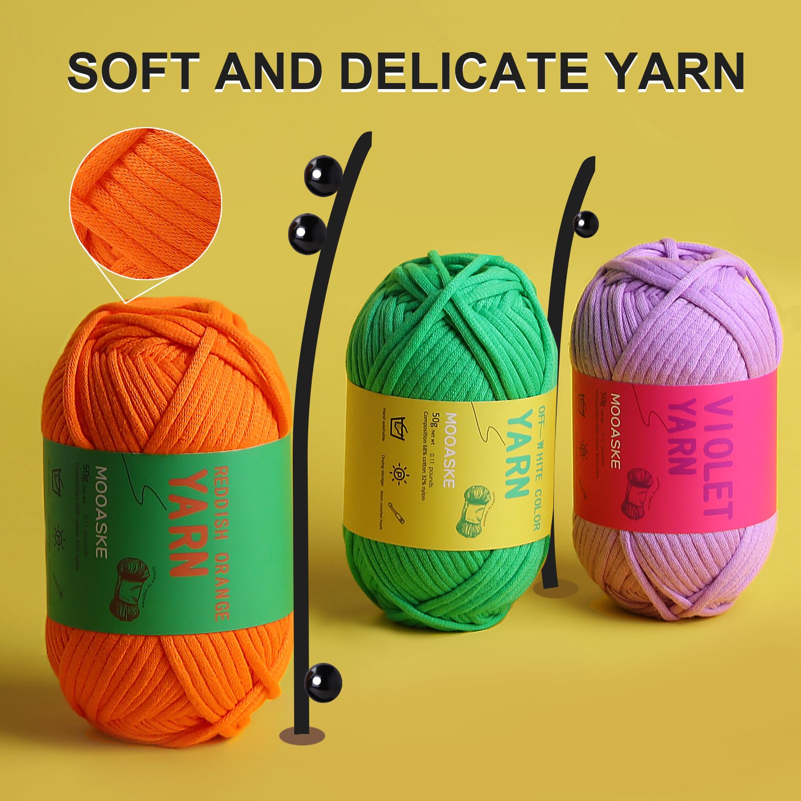 Mooaske 3 Pack (3 x 50g) Crochet Yarn with Crochet Hook - Worsted Medium Yarn for Crocheting - Easy-to-See Stitches Cotton-Nylon Blend Beginner Knitting Yarn for Adults and Kids