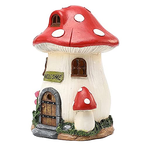 WONDHOME Mushroom Illuminated Miniature Fairy Landscape House with Solar Powered LED Outdoor Garden Statue