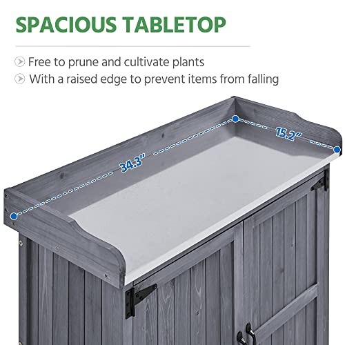Yaheetech Garden Potting Bench Table - Outdoor Garden Patio Wooden Storage Cabinet & Solid Wood Planting Work Bench with Large Space Storage & Metal-Plated Tabletop, Gray