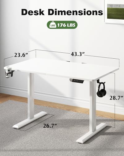 Shahoo Electric Standing Desk, 43 Inch Height Adjustable Home Office Table with Headphone Hook and Cup Holder, Withe Legs/Withe Top
