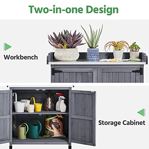 Yaheetech Garden Potting Bench Table - Outdoor Garden Patio Wooden Storage Cabinet & Solid Wood Planting Work Bench with Large Space Storage & Metal-Plated Tabletop, Gray