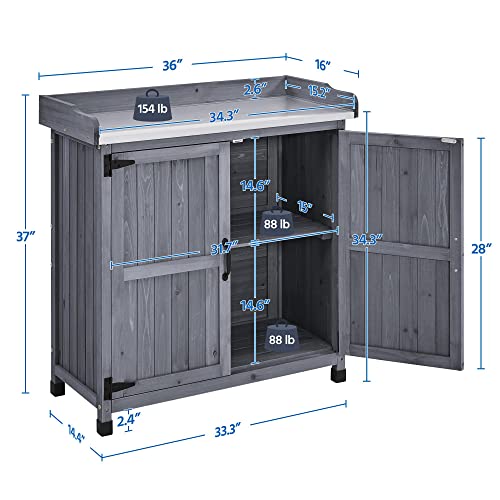 Yaheetech Garden Potting Bench Table - Outdoor Garden Patio Wooden Storage Cabinet & Solid Wood Planting Work Bench with Large Space Storage & Metal-Plated Tabletop, Gray