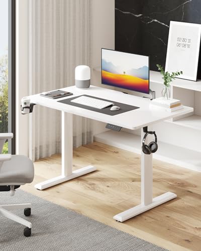 Shahoo Electric Standing Desk, 43 Inch Height Adjustable Home Office Table with Headphone Hook and Cup Holder, Withe Legs/Withe Top
