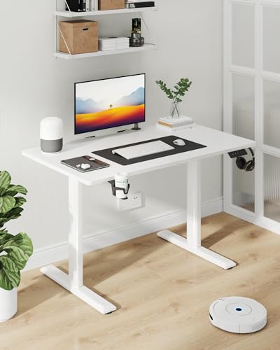 Shahoo Electric Standing Desk, 43 Inch Height Adjustable Home Office Table with Headphone Hook and Cup Holder, Withe Legs/Withe Top