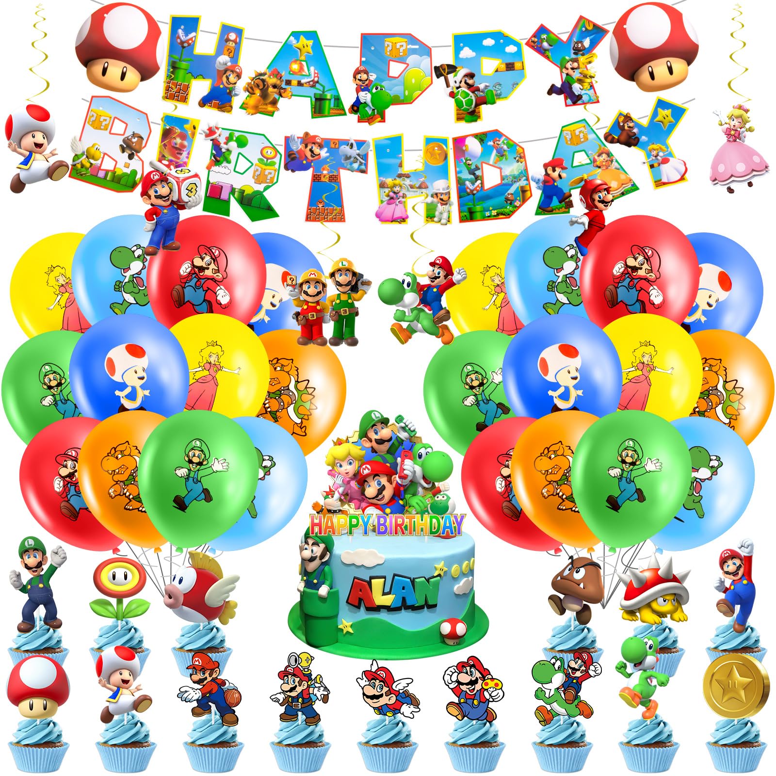 49 PCS Marrio Birthday Party Decorations, Marrio Birthday Decorations for Boys Girls, Cute Marrio Party Supplies for Kids with Birthday Banner, Balloons, Cake Toppers, Hanging swirls
