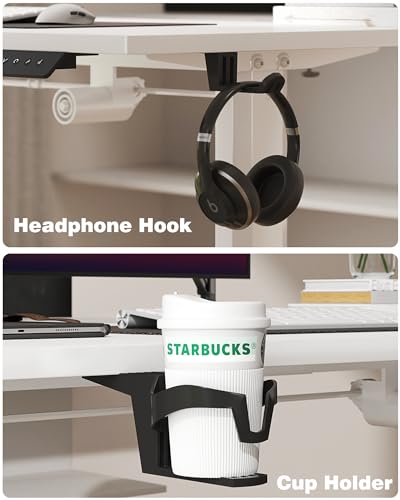 Shahoo Electric Standing Desk, 43 Inch Height Adjustable Home Office Table with Headphone Hook and Cup Holder, Withe Legs/Withe Top