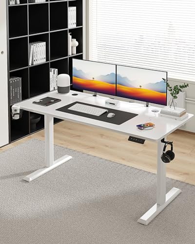 Shahoo Electric Standing Desk, 43 Inch Height Adjustable Home Office Table with Headphone Hook and Cup Holder, Withe Legs/Withe Top