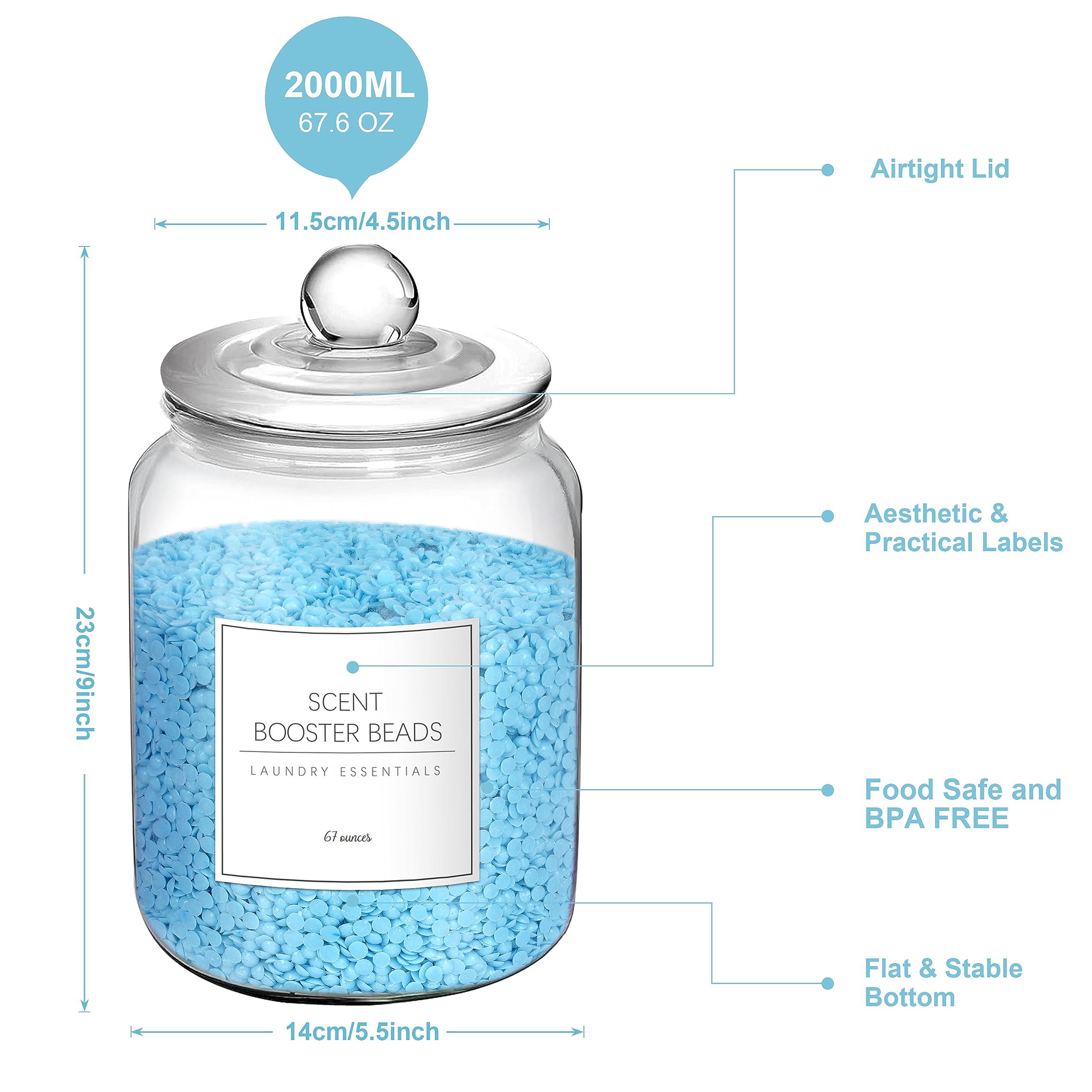 SLICHIO Glass Jar for Laundry Room Organization and Storage Jars with Airtight Lid 2 Pack Half Gallon Glass Containers for Laundry Pods, Laundry Detergent, Dryer Sheet with Labels Spoons and Pen