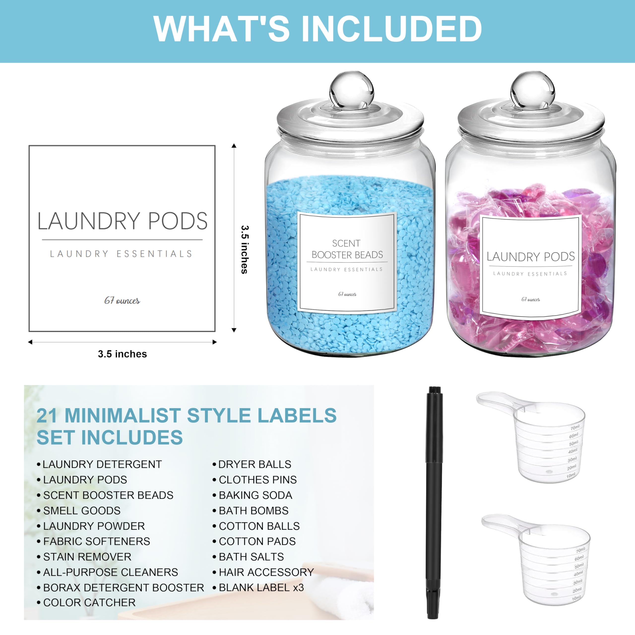 SLICHIO Glass Jar for Laundry Room Organization and Storage Jars with Airtight Lid 2 Pack Half Gallon Glass Containers for Laundry Pods, Laundry Detergent, Dryer Sheet with Labels Spoons and Pen
