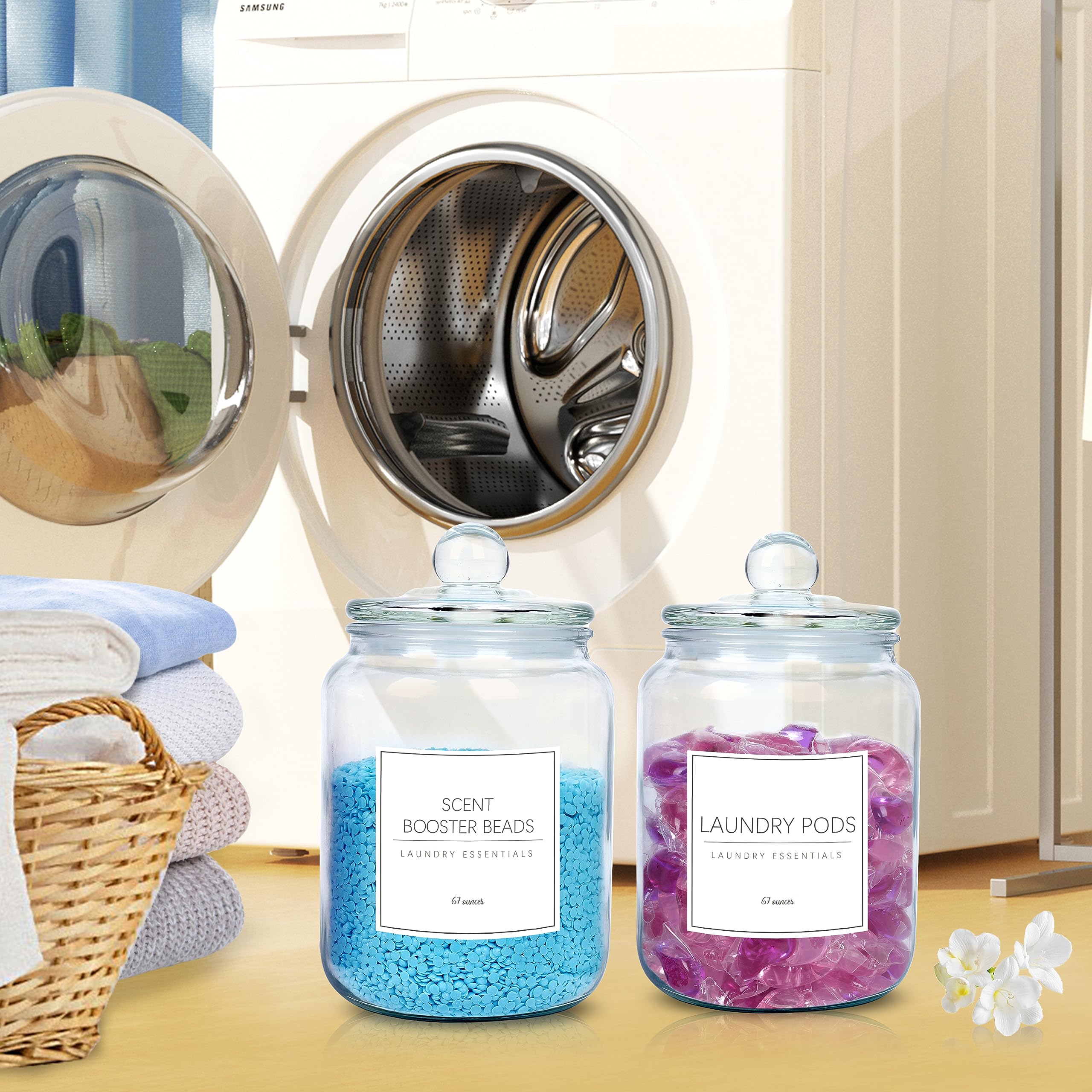 SLICHIO Glass Jar for Laundry Room Organization and Storage Jars with Airtight Lid 2 Pack Half Gallon Glass Containers for Laundry Pods, Laundry Detergent, Dryer Sheet with Labels Spoons and Pen
