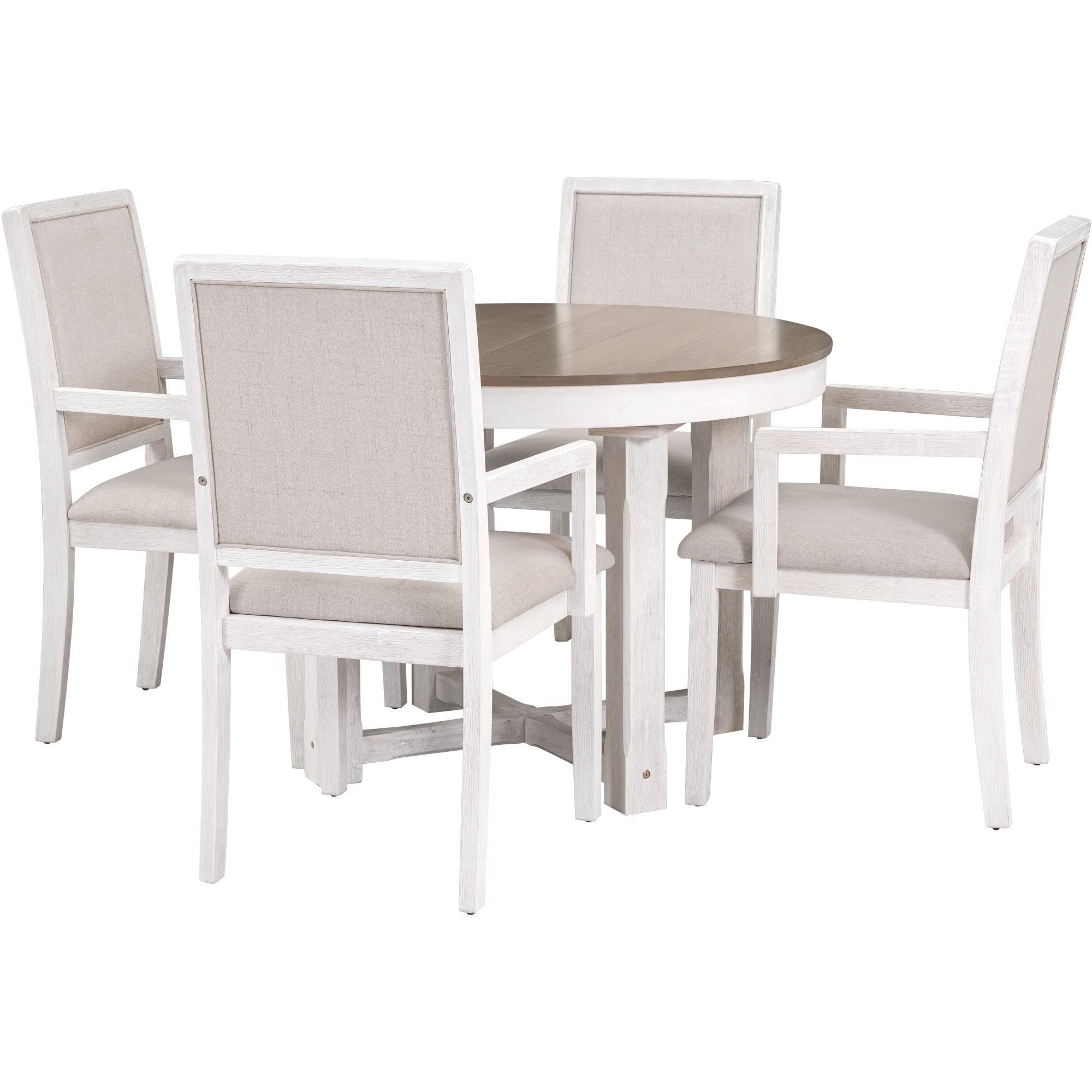 BIADNBZ 5-Piece Round Dining Table Set for 4, Two-Size to Oval Extendable Butterfly Leaf Wood Tabletop and Four Upholstered Chairs with Armrests, for Kitchen Living Room, Brown+White