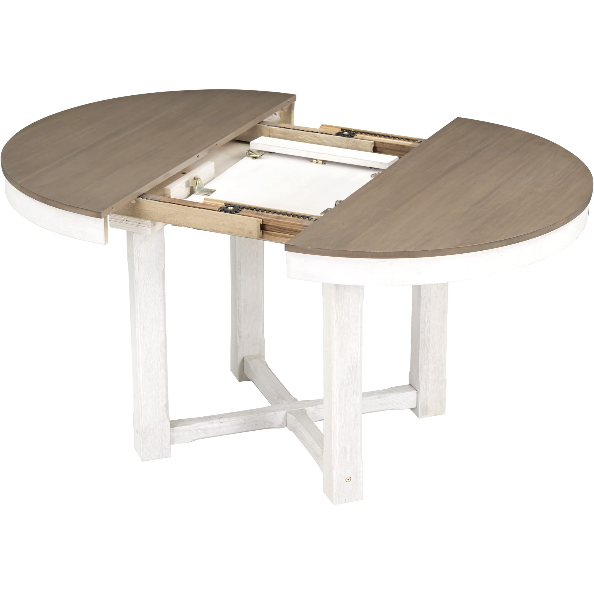 BIADNBZ 5-Piece Round Dining Table Set for 4, Two-Size to Oval Extendable Butterfly Leaf Wood Tabletop and Four Upholstered Chairs with Armrests, for Kitchen Living Room, Brown+White