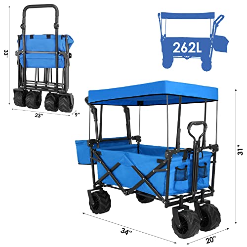 AthLike Collapsible Wagon Folding Garden Cart w/Removable Canopy, Extra Large Heavy Duty Portable Camping Beach Utilit Cart w/Adjustable Push Pull Handle, 7" Wide All-Terrain Wheel for Shopping Picnic