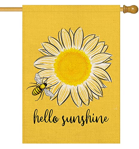 Qinqingo Hello Sunshine House Flag Summer Sunflower Bee Yard Flags 28 x 40 inch Double Sided Spring Summer Decor Seasonal Outdoor Decoration (HF-N)