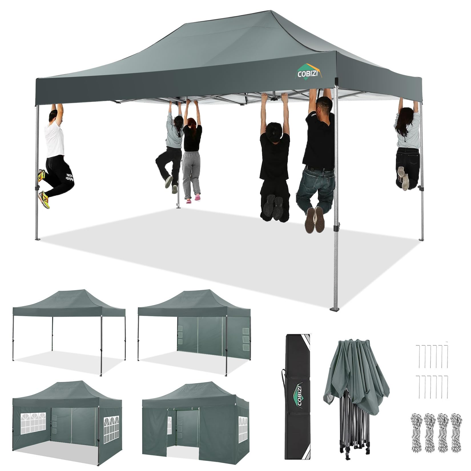 COBIZI 10x15 Pop up Canopy Gazebo 3.0, Easy up Heavy Duty Canopy with 4 Removable Sidewalls, High Stability, All Weather Sunshade 100% Waterproof Outdoor Canopy Tents, Gray