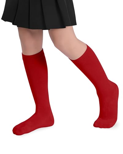 Witwot 3 Pairs Girls Knee High Socks Kids School Uniform Socks Red 6-8 Years