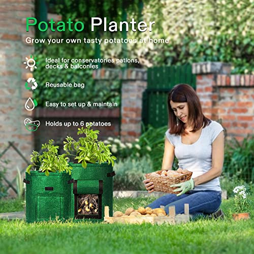 VIVOSUN 5-Pack 10 Gallon Potato Grow Bags, Fabric Pots with Handle and Roll-up Window, Green