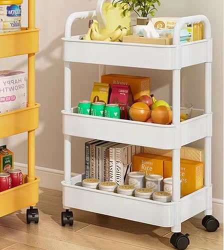 3-Tier Plastic Rolling Utility Cart Storage Cart Organizer with Wheels Small Laundry Room Cart for Dorm Organization Bathroom Kitchen Office (White)