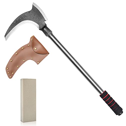 Scythe Garden Tool for Mowing Grass - 21-inch Anti-Slip Long Handle Weeding Scythe Sickle Garden Tool with Dual Scythe Blade and a Leather Sheath and a Small Sharpening Stone
