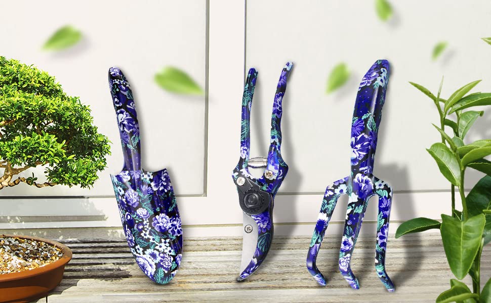 FLORA GUARD 3 Piece Aluminum Garden Tool Set - Trowel, Cultivator, Pruning Shear, Gift Set for Gardening Needs (Purple&Blue)