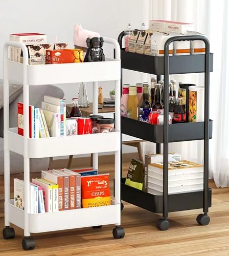 3-Tier Plastic Rolling Utility Cart Storage Cart Organizer with Wheels Small Laundry Room Cart for Dorm Organization Bathroom Kitchen Office (White)