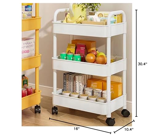 3-Tier Plastic Rolling Utility Cart Storage Cart Organizer with Wheels Small Laundry Room Cart for Dorm Organization Bathroom Kitchen Office (White)