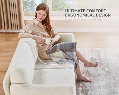 VanAcc Sofa, Modern Couch- Comfy Sofa Couch in Offwhite Bouclé with Embedded Armrest, 3-Seater Couch for Living Room