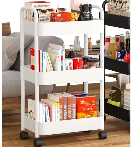 3-Tier Plastic Rolling Utility Cart Storage Cart Organizer with Wheels Small Laundry Room Cart for Dorm Organization Bathroom Kitchen Office (White)