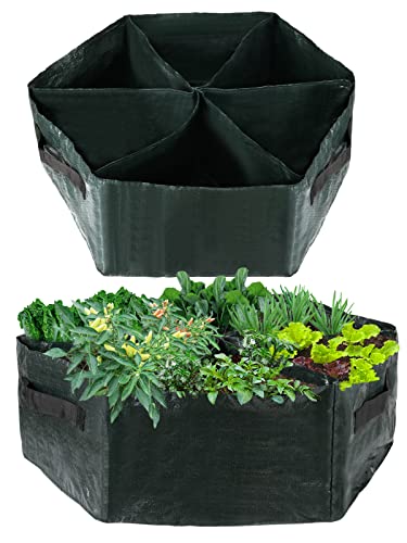 2 Pack 27 Gallon PE Fabric Raised Garden Planter Bed- Sturdy 6 Divided Grids Raised Vegetable Grow Bags with Handles & Drainage Holes Durable Hexagon Potato Tomato Planting Grow Pot for Plants Flower