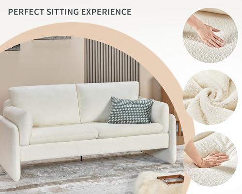 VanAcc Sofa, Modern Couch- Comfy Sofa Couch in Offwhite Bouclé with Embedded Armrest, 3-Seater Couch for Living Room