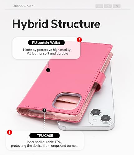 GOOSPERY Rich Wallet Compatible with iPhone 15 Plus, Extra Card Slot Flap Functional & Fashionable Stylish PU Leather Flip Card Holder Phone Cover - Hot Pink