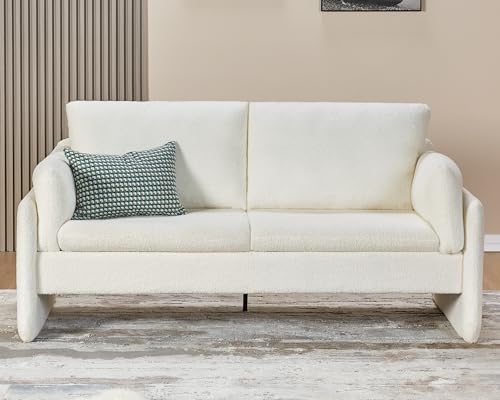 VanAcc Sofa, Modern Couch- Comfy Sofa Couch in Offwhite Bouclé with Embedded Armrest, 3-Seater Couch for Living Room