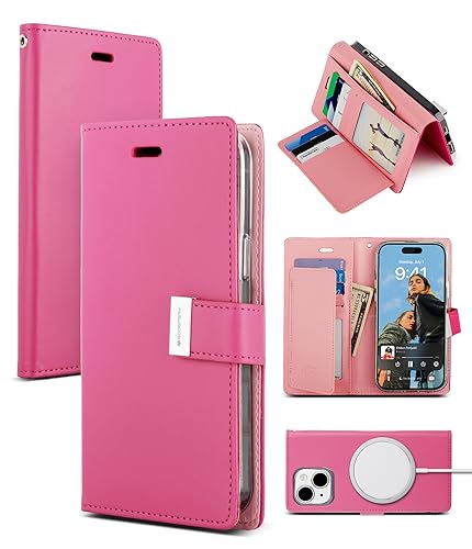 GOOSPERY Rich Wallet Compatible with iPhone 15 Plus, Extra Card Slot Flap Functional & Fashionable Stylish PU Leather Flip Card Holder Phone Cover - Hot Pink