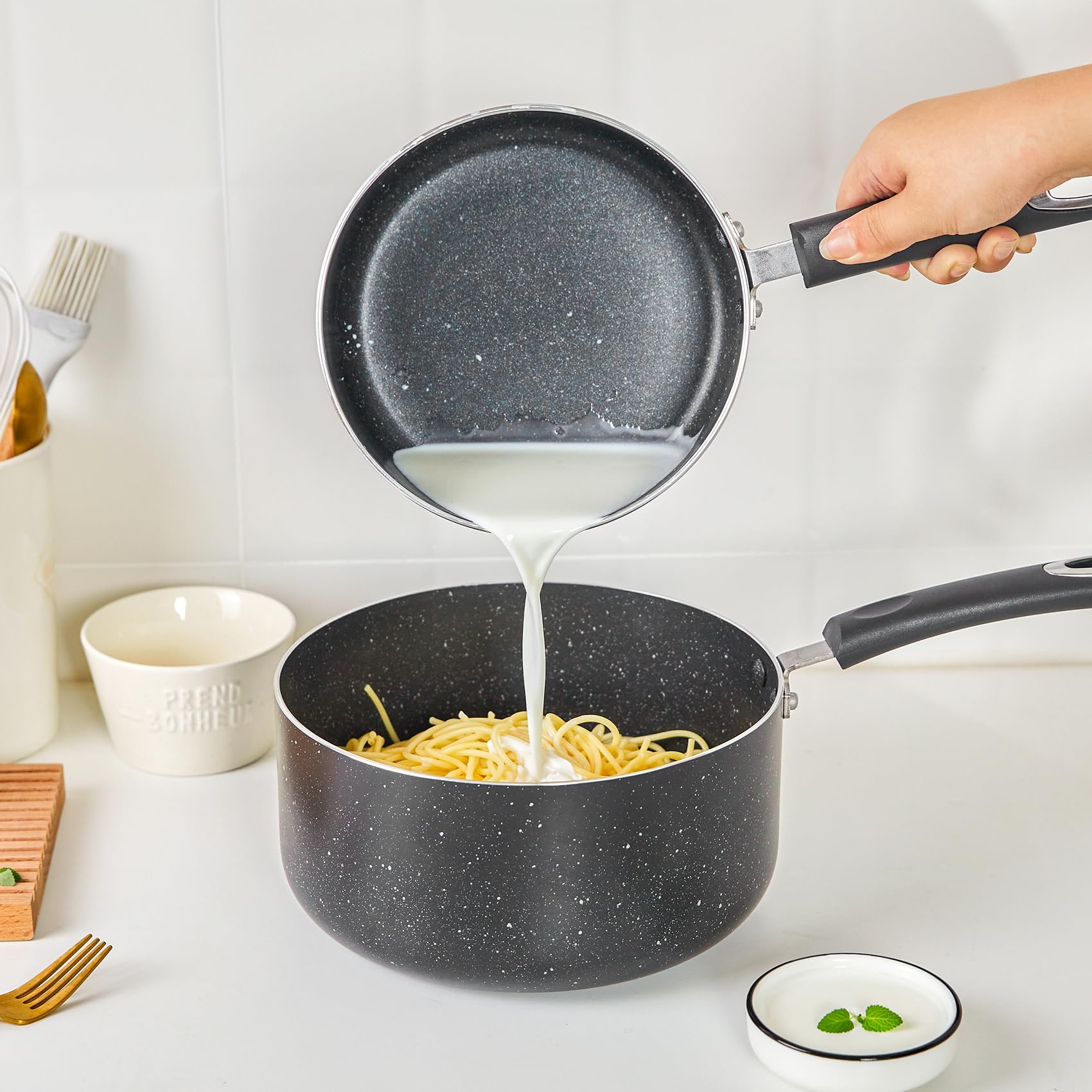 HooJay Nonstick Saucepan with Lid, Non Stick 1Qt & 2Qt & 3Qt Sauce Pan Set with Silicone Handle,Small Milk Pot with Glass Lid for Home Kitchen