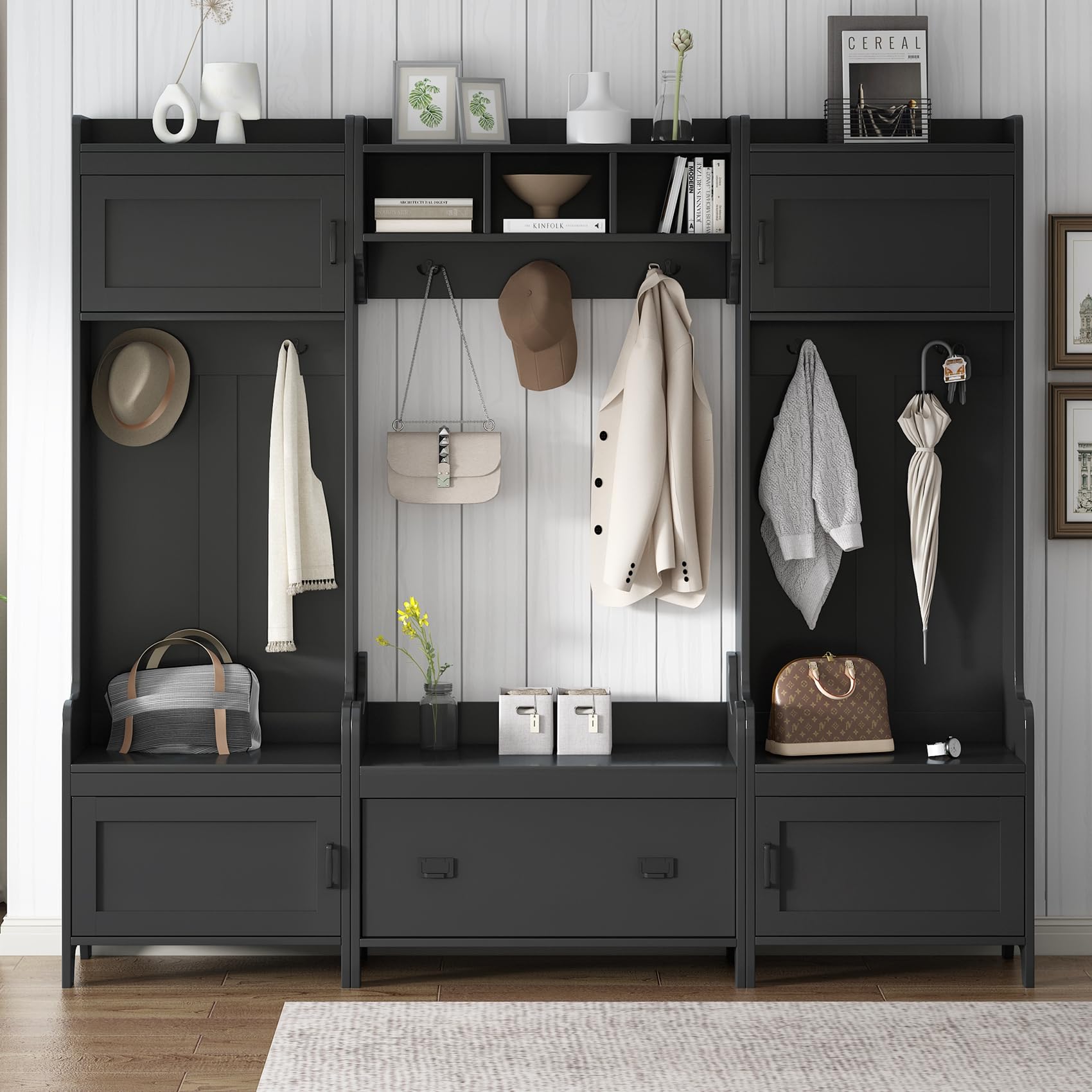 ANTSKU 79" Hall Tree with Bench and Shoe Storage, Large Mudroom Bench with Storage and 7 Hooks, Black Entryway Coat Rack Shoe Bench, Modern Hall Trees for Entryway with Storage Cabinet and Drawer