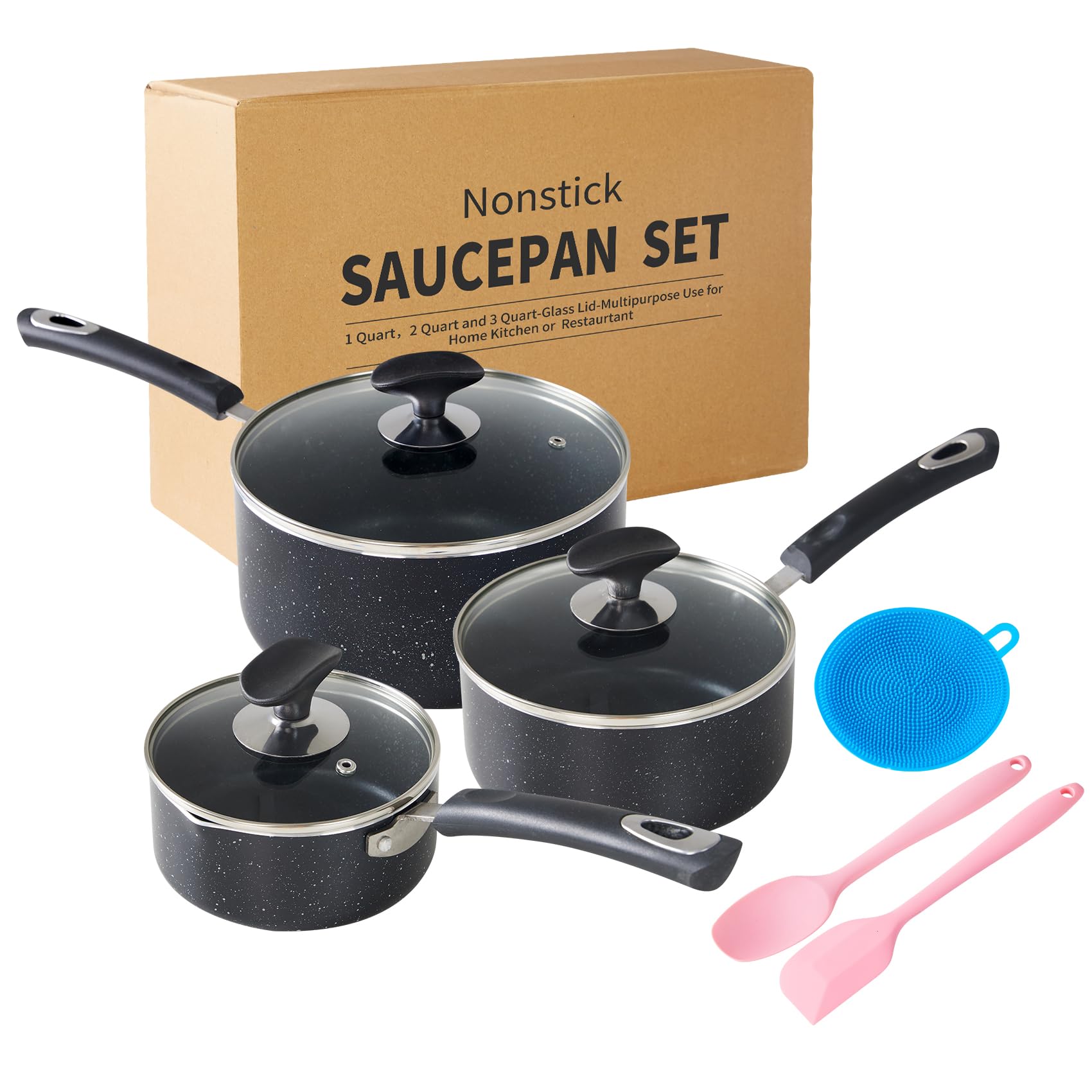 HooJay Nonstick Saucepan with Lid, Non Stick 1Qt & 2Qt & 3Qt Sauce Pan Set with Silicone Handle,Small Milk Pot with Glass Lid for Home Kitchen