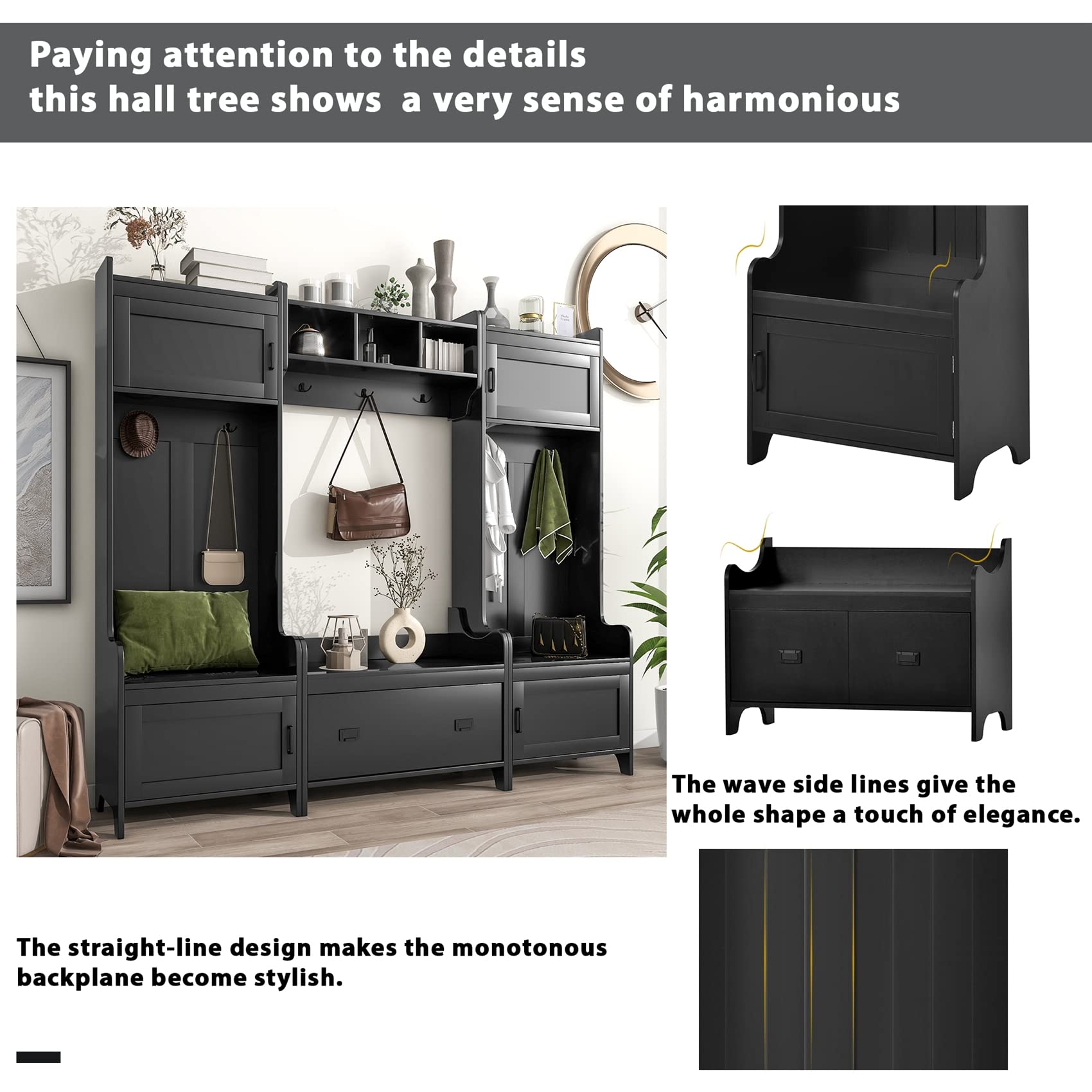 ANTSKU 79" Hall Tree with Bench and Shoe Storage, Large Mudroom Bench with Storage and 7 Hooks, Black Entryway Coat Rack Shoe Bench, Modern Hall Trees for Entryway with Storage Cabinet and Drawer