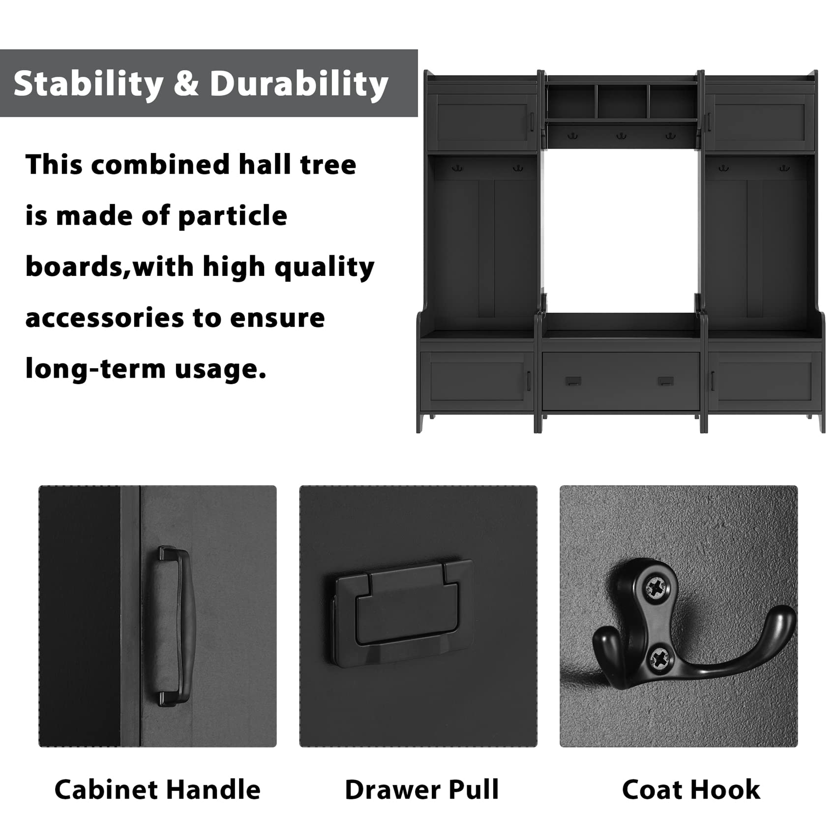 ANTSKU 79" Hall Tree with Bench and Shoe Storage, Large Mudroom Bench with Storage and 7 Hooks, Black Entryway Coat Rack Shoe Bench, Modern Hall Trees for Entryway with Storage Cabinet and Drawer