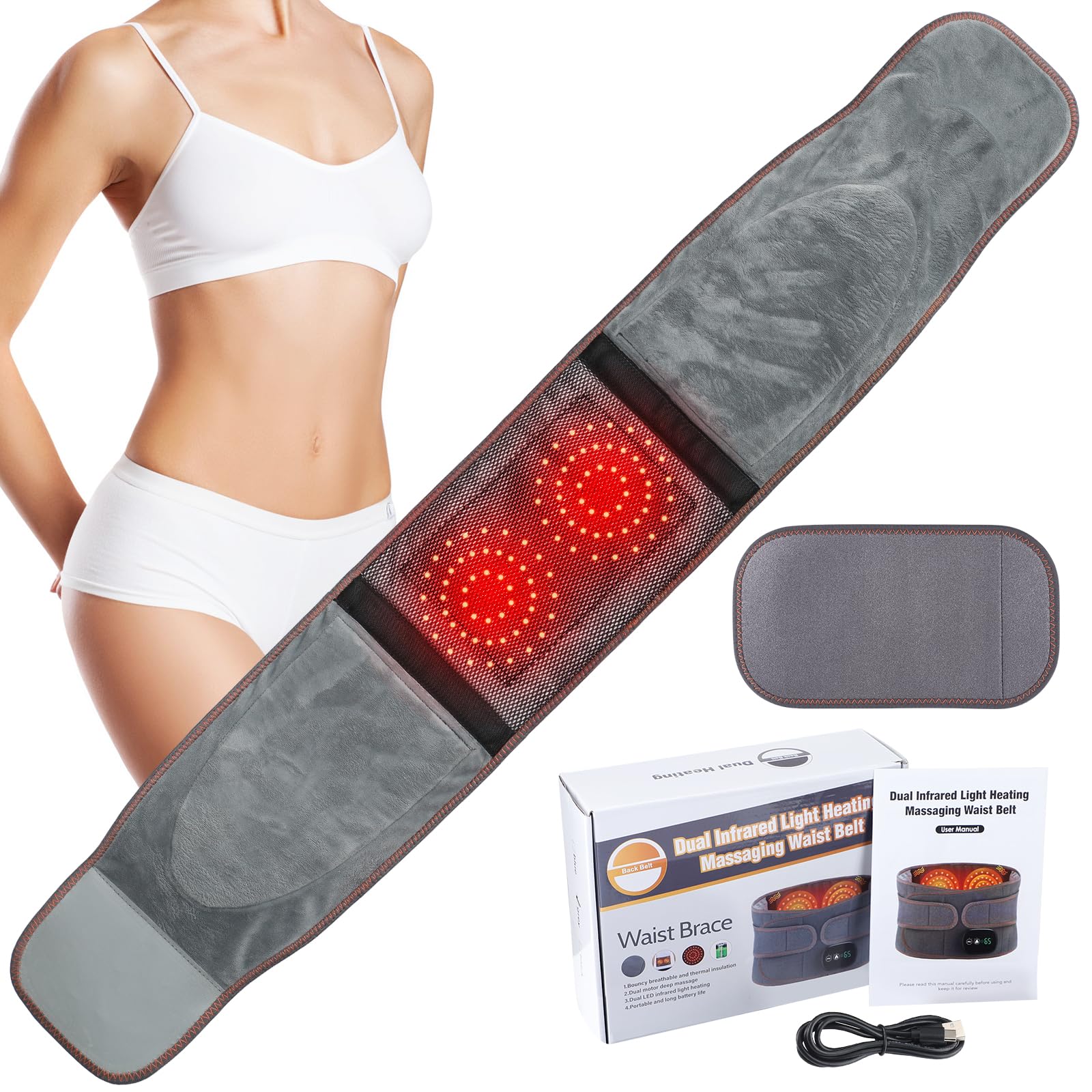 Cordless Heating Pad for Back, Lower Back Massager, Heated Back Brace with 3 Heating & Vibration Modes, Lumbar Support Belt for Men & Women