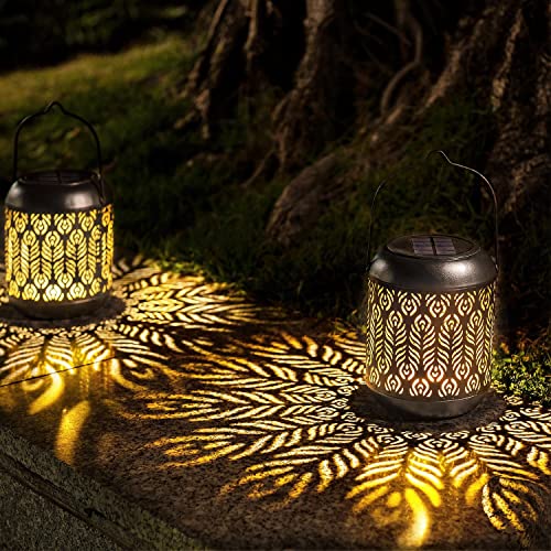 LeiDrail Solar Lantern Outdoor Garden Hanging Lanterns Metal Christmas Decoration Light Warm White LED Waterproof Landscape Lighting for Table Pathway Party Yard - 2 Pack
