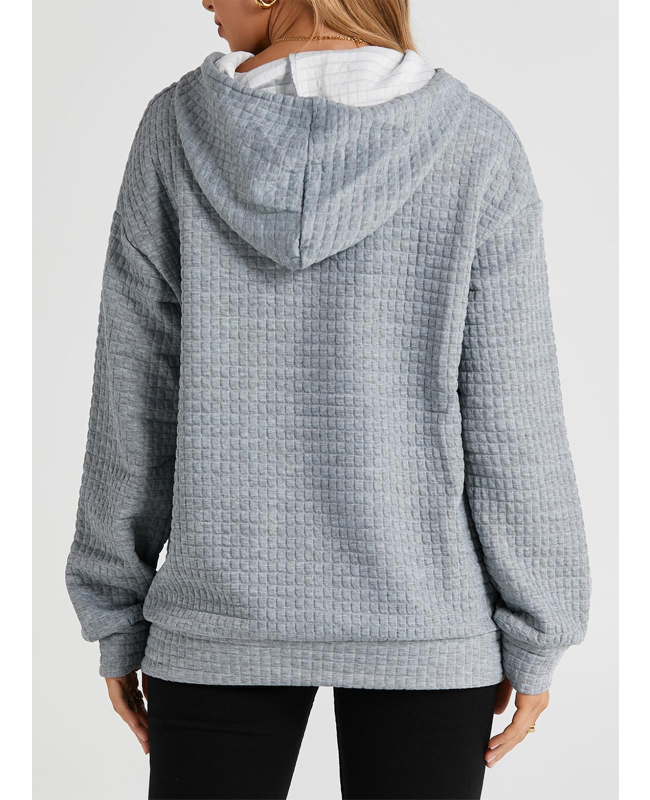 SELINK Hoodies For Women Casual Pullover Waffle Long Sleeve Drawstring Hooded Sweatshirt with Pocket Grey-L