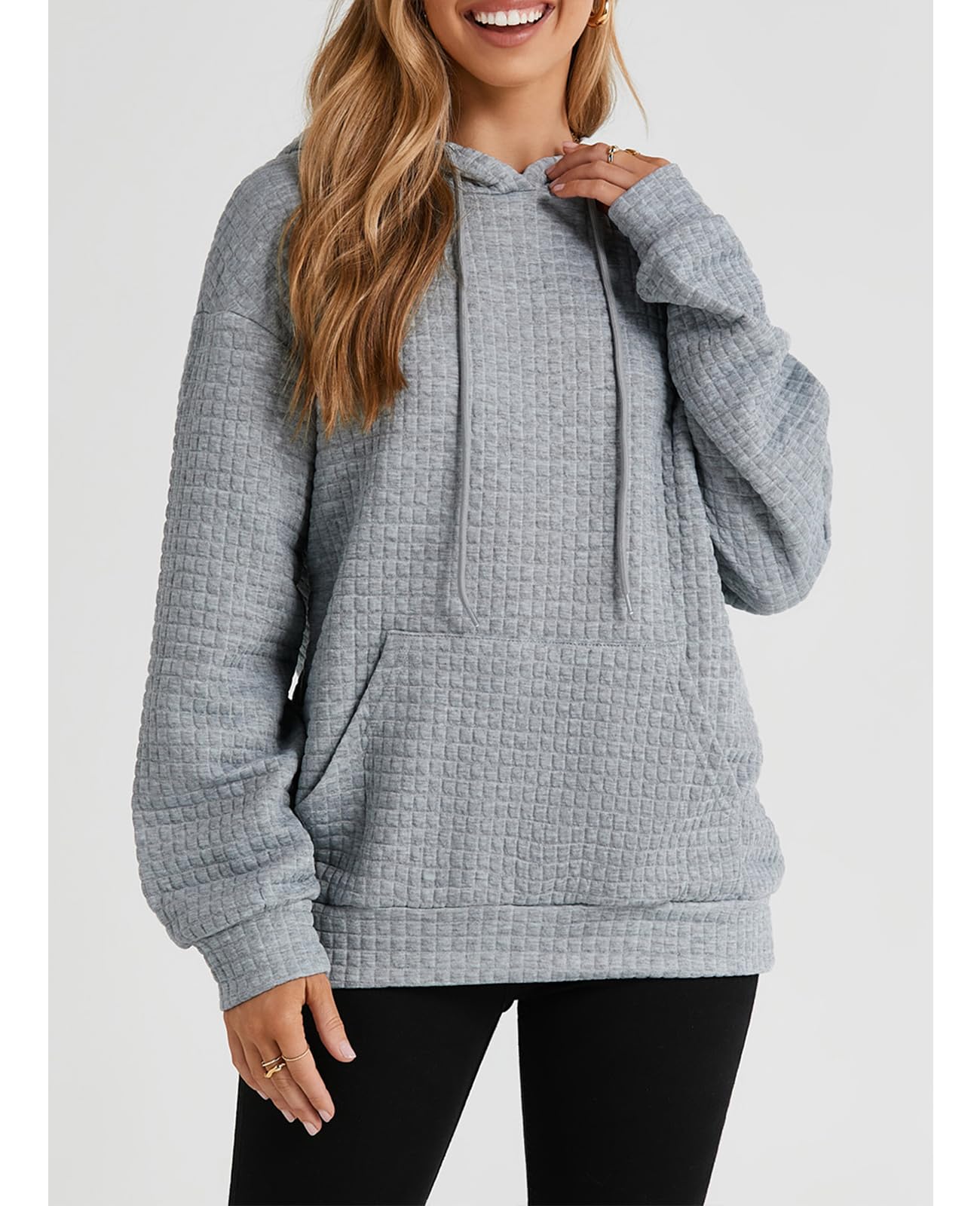 SELINK Hoodies For Women Casual Pullover Waffle Long Sleeve Drawstring Hooded Sweatshirt with Pocket Grey-L