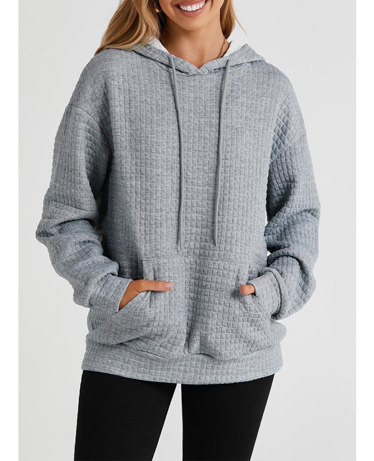 SELINK Hoodies For Women Casual Pullover Waffle Long Sleeve Drawstring Hooded Sweatshirt with Pocket Grey-L
